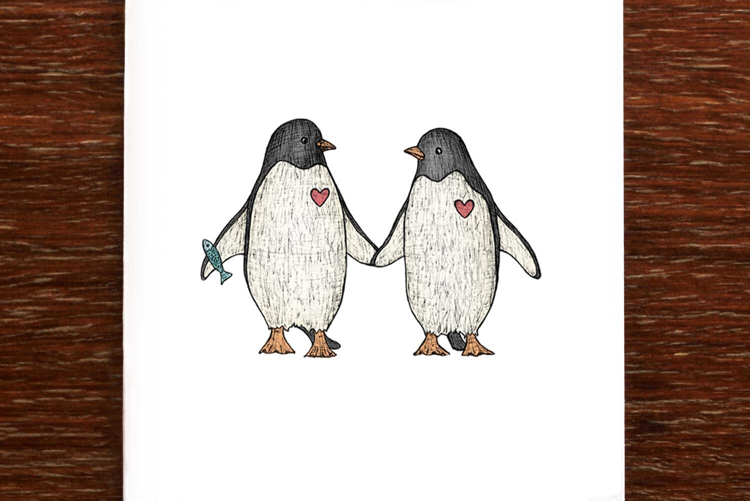Penguins In Love Drawings Valentine Penguins Card Penguin Ink